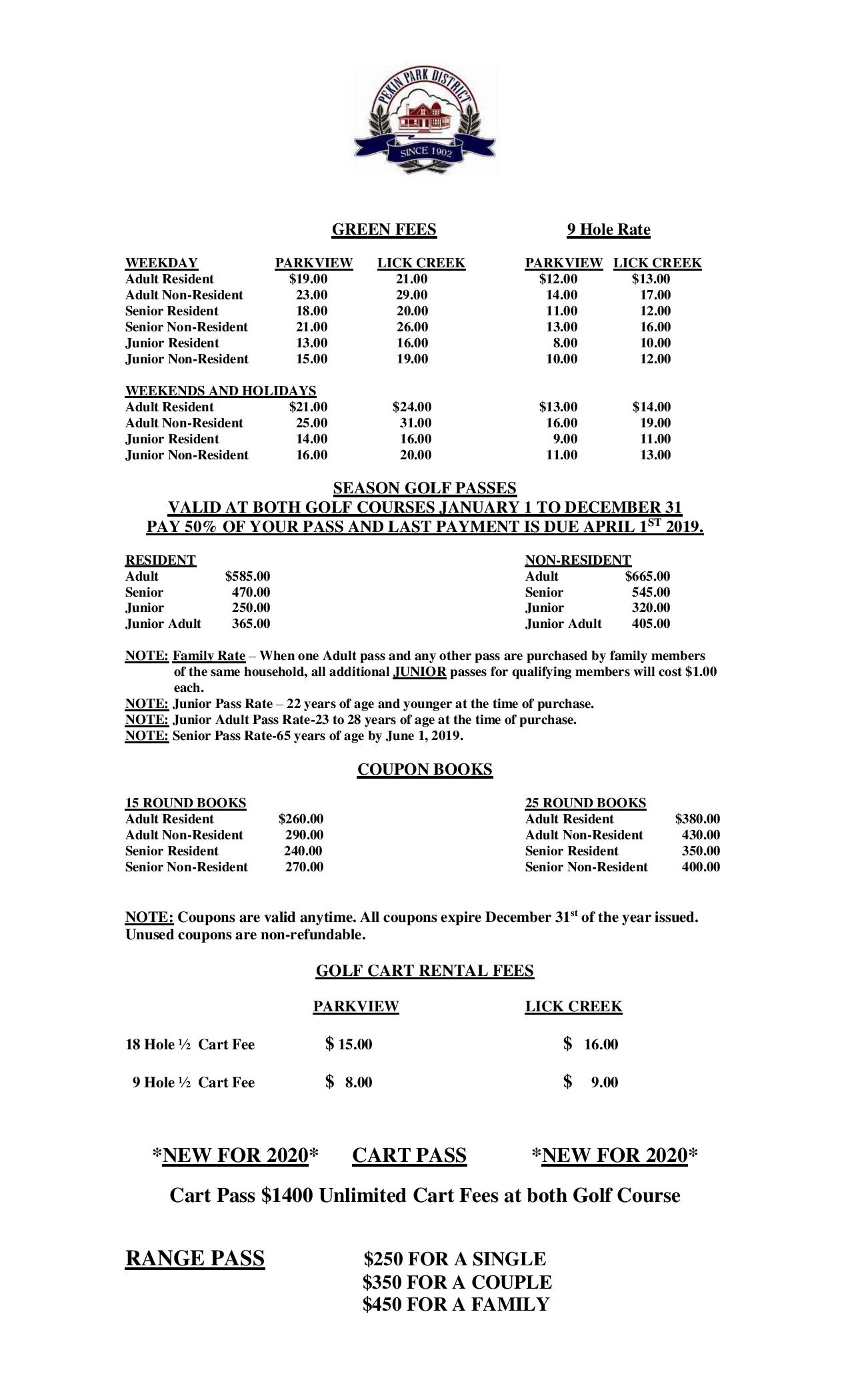 Rates - Parkview Golf Course